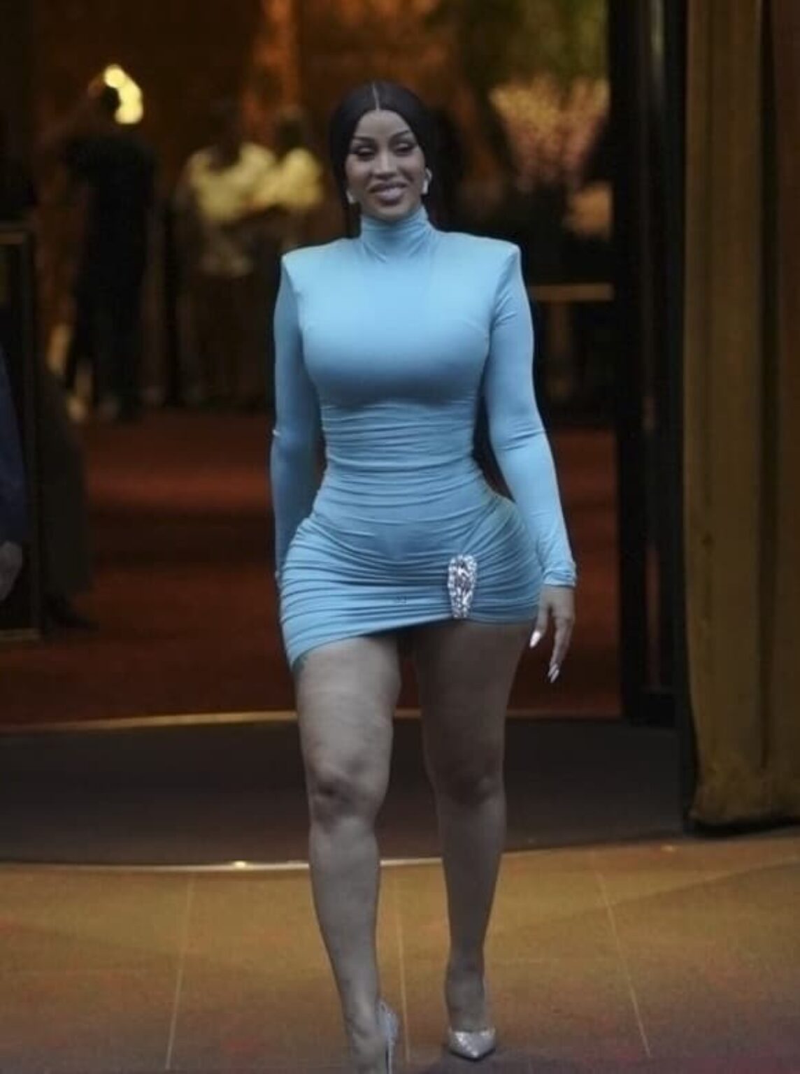 Cardi B Channels Kim Kardashian in Blue Bodycon Dress